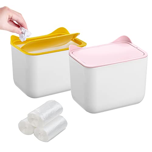 TACYKIBD 2PCS Mini Desk Trash Can with Swing Lid, Mini Plastic Garbage Cans, 2.7 Liter/0.7 Gallon Mini Wastebasket for Bathroom Vanity Desktop Tabletop Coffee Table Countertop (Pink+Yellow)