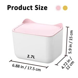 TACYKIBD 2PCS Mini Desk Trash Can with Swing Lid, Mini Plastic Garbage Cans, 2.7 Liter/0.7 Gallon Mini Wastebasket for Bathroom Vanity Desktop Tabletop Coffee Table Countertop (Pink+Yellow)