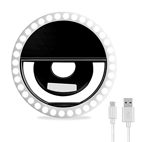 Selfie Ring Light, XINBAOHONG Rechargeable Portable Clip-on Selfie Fill Light with 36 LED for iPhone/Android Smart Phone Photography, Camera Video, Girl Makes up (White) (Black)