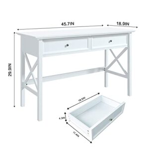 White Computer Desk with 2 Drawers, Modern Makeup Vanity Desk with Storage, Writing Desk for Home Office, 42'' Long Study Simple White Desk for Bedroom Console Table Living Room