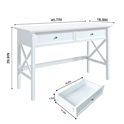 White Computer Desk with 2 Drawers, Modern Makeup Vanity Desk with Storage, Writing Desk for Home Office, 42'' Long Study Simple White Desk for Bedroom Console Table Living Room