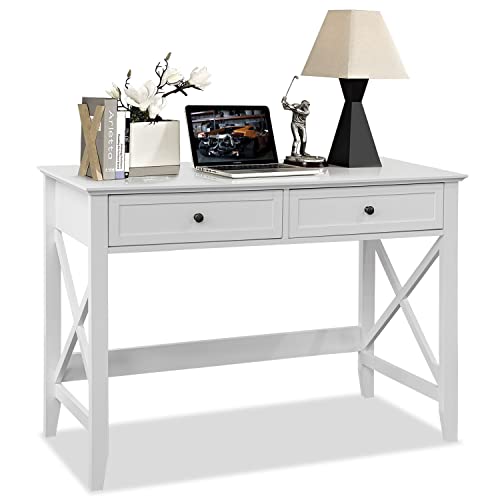 White Computer Desk with 2 Drawers, Modern Makeup Vanity Desk with Storage, Writing Desk for Home Office, 42'' Long Study Simple White Desk for Bedroom Console Table Living Room