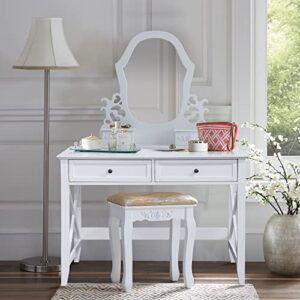 White Computer Desk with 2 Drawers, Modern Makeup Vanity Desk with Storage, Writing Desk for Home Office, 42'' Long Study Simple White Desk for Bedroom Console Table Living Room