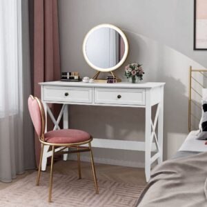 White Computer Desk with 2 Drawers, Modern Makeup Vanity Desk with Storage, Writing Desk for Home Office, 42'' Long Study Simple White Desk for Bedroom Console Table Living Room