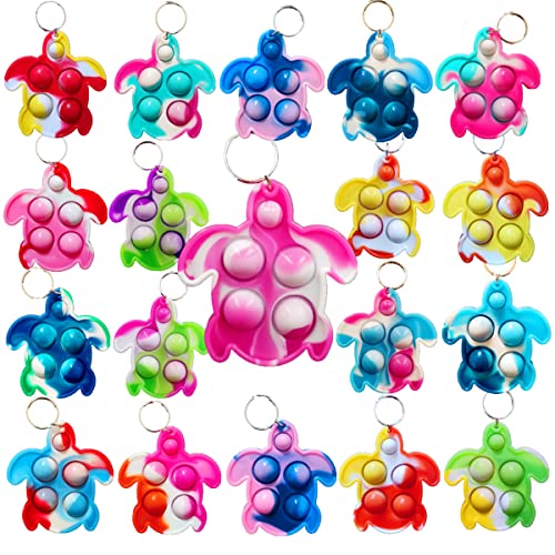 Roaqua 20 Packs Bulk Funny Turtle Mini Pop Varied Rainbow Animal Keychain fidgets Bubble Toys for Kids Children Classroom Students Gift from Teacher， Summer Party Favors Birthday Gift