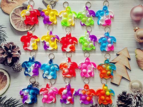 Roaqua 20 Packs Bulk Funny Turtle Mini Pop Varied Rainbow Animal Keychain fidgets Bubble Toys for Kids Children Classroom Students Gift from Teacher， Summer Party Favors Birthday Gift