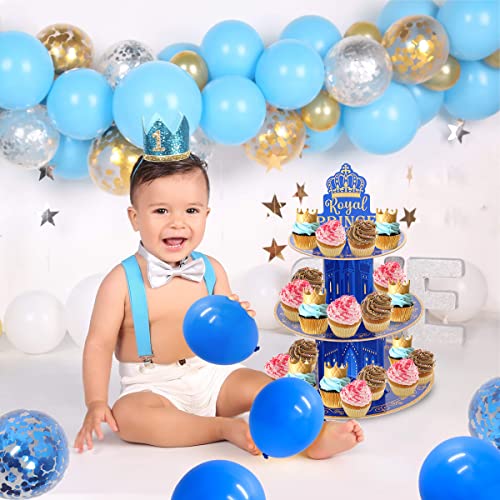 Royal Prince Party Cupcake Stand for Boys Blue 3-Tier Cake Stand Royal Prince Theme Decorations Supplies Barnyard Table Cake Holder Decorations for Baby Shower Royal Prince Birthday