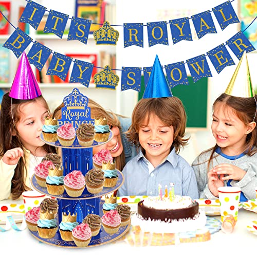 Royal Prince Party Cupcake Stand for Boys Blue 3-Tier Cake Stand Royal Prince Theme Decorations Supplies Barnyard Table Cake Holder Decorations for Baby Shower Royal Prince Birthday