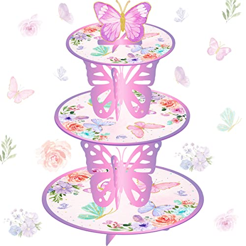 Butterfly Party Cupcake Stand for Girls Pink 3-Tier Cake Stand Baby Shower Spring Butterfly Birthday Party Table Cake Holder Decorations for Kids Cupcake Stands Butterfly Theme Decorations Supplies