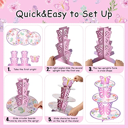 Butterfly Party Cupcake Stand for Girls Pink 3-Tier Cake Stand Baby Shower Spring Butterfly Birthday Party Table Cake Holder Decorations for Kids Cupcake Stands Butterfly Theme Decorations Supplies