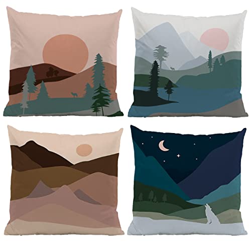 Boho Sun Sunrise Sunset Moon Stars Mountains Abstract Nature Landscape 18''x18'' Set Of 4 Throw Pillow Case Decorative Home Bedroom Office Hotel Cushion Cover,Sofa Bed Couch Decor,Boho Lovers Gift