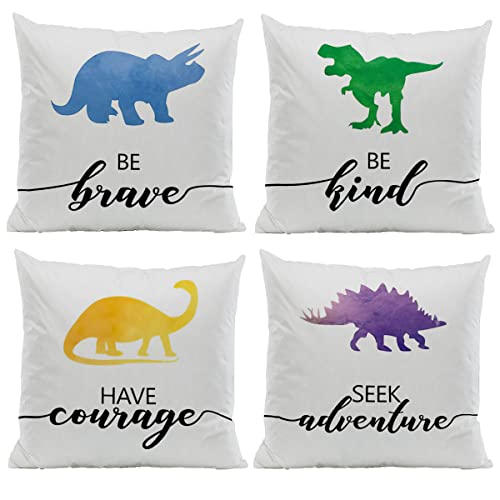 Inspirational Dinosaurs Be Brave Be Kind Have Courage Seek Adventure 18''x18''Set of 4 Throw Pillow Case Decorative Home Bedroom Kid’s Room Cushion Cover,Sofa Bed Couch Decor,Boys Kids Teenage Gift