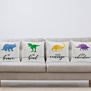 Inspirational Dinosaurs Be Brave Be Kind Have Courage Seek Adventure 18''x18''Set of 4 Throw Pillow Case Decorative Home Bedroom Kid’s Room Cushion Cover,Sofa Bed Couch Decor,Boys Kids Teenage Gift