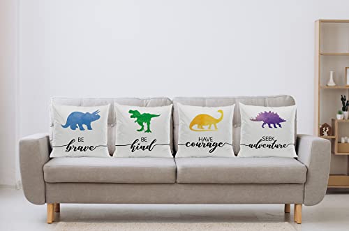 Inspirational Dinosaurs Be Brave Be Kind Have Courage Seek Adventure 18''x18''Set of 4 Throw Pillow Case Decorative Home Bedroom Kid’s Room Cushion Cover,Sofa Bed Couch Decor,Boys Kids Teenage Gift