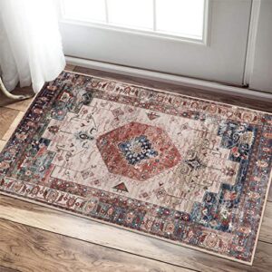 falflor area rug 2'x 3' vintage distressed entryway rug non slip indoor door mat washable throw rug for bedroom low pile kitchen floor mat for living room bathroom laundry