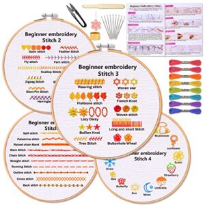 4 sets beginners embroidery stitch practice kit, embroidery starter kit for craft lover with 30 different stitches,embroidery skill practice kit include 4 embroidery cloth with pattern embroidery hoop