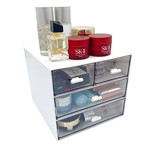 Marknor Makeup / Desk Organizer with 4 Drawers, Sundries Vanity Organizer, Cosmetic Organizer, Desk Storage Box, Bathroom Counter or Dresser, White QBH-4CT-1