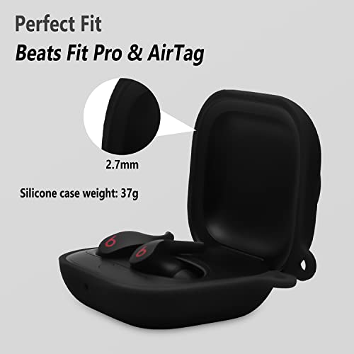 Geiomoo 2 in 1 Silicone Case Compatible with Beats Fit Pro and Air Tag, Protective Cover with Carabiner (Black-1)