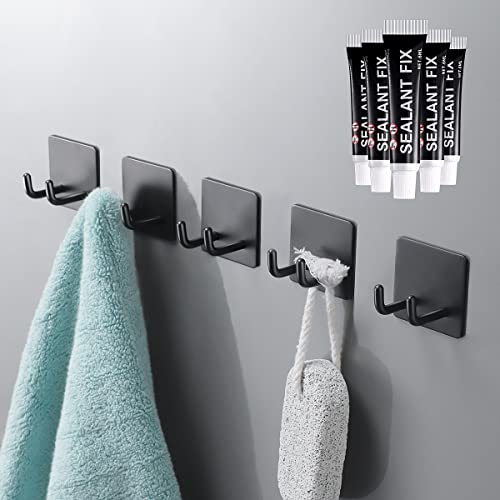 MOPMS Towel Hooks for Bathroom - Adhesive Hooks Heavy Duty - Wall Double Hooks with 5 Pack Solid Glue - Stainless Steel Stick on Hooks for Hanging Coat Key Hat Razor and Key Holder