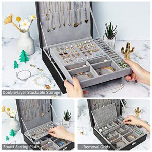 SIMBOOM Jewelry Box Organizer for Women Girls, 2 Layer Large Jewelry Display Storage Case for Rings Earrings Necklaces Bracelets Watches, PU Leather Mens Jewelry Organizer Boxes with Lock, Black