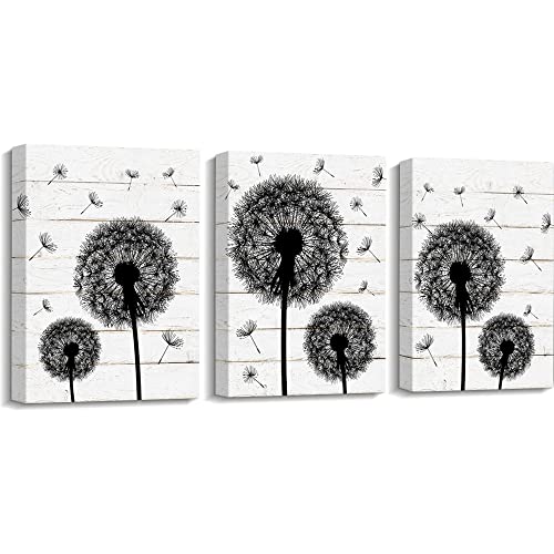 Creoate Dandelion Wall Art 3 Pieces Rustic Dandelion Picture Canvas Print Framed Set Artwork for Bedroom Living Room Wall Decor…