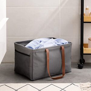 Navaris Collapsible Laundry Basket - Foldable Washing Hamper - Clothes Storage Bin with Fabric Drawstring Lid & Side Handles & Mesh Pocket - Gray