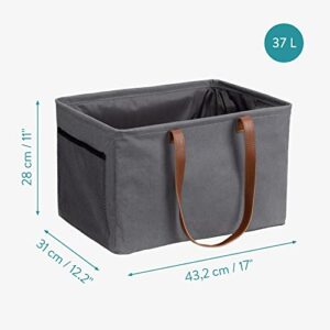 Navaris Collapsible Laundry Basket - Foldable Washing Hamper - Clothes Storage Bin with Fabric Drawstring Lid & Side Handles & Mesh Pocket - Gray