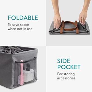 Navaris Collapsible Laundry Basket - Foldable Washing Hamper - Clothes Storage Bin with Fabric Drawstring Lid & Side Handles & Mesh Pocket - Gray