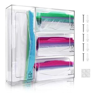 acrylic ziplock bag storage organizer w/ 4 compartments, clear baggie organizer for kitchen drawer, compatible with ziploc, gallon, quart, sandwich & snack variety size bag