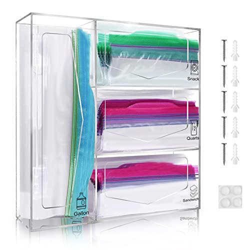 Acrylic Ziplock Bag Storage Organizer w/ 4 Compartments, Clear Baggie Organizer for Kitchen Drawer, Compatible with Ziploc, Gallon, Quart, Sandwich & Snack Variety Size Bag