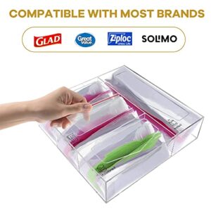 Acrylic Ziplock Bag Storage Organizer w/ 4 Compartments, Clear Baggie Organizer for Kitchen Drawer, Compatible with Ziploc, Gallon, Quart, Sandwich & Snack Variety Size Bag