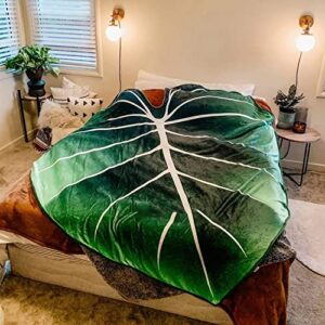 cute large green leaf plush blanket, soft and comfortable novelty blanket, flowers botanical leaves pattern throw blanket for bedroom living rooms sofa camping bed blanket