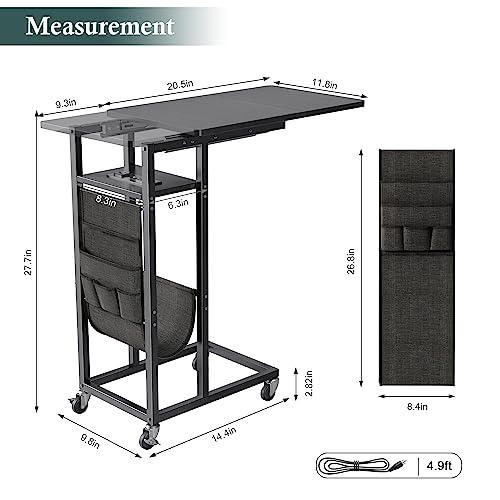 Colima C Shaped Slide Cover End Table with Charging Station, Narrow Sofa Side Table with USB Port and Wheels, Black Couch Bedside Table with Storage Bags for Office Living Room Bedroom