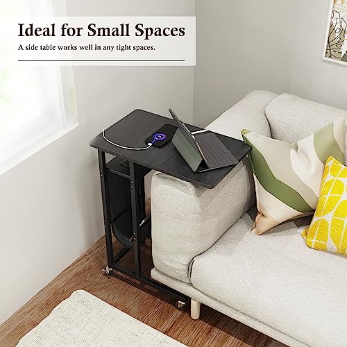 Colima C Shaped Slide Cover End Table with Charging Station, Narrow Sofa Side Table with USB Port and Wheels, Black Couch Bedside Table with Storage Bags for Office Living Room Bedroom