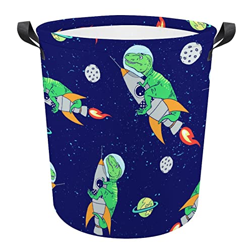 Astronaut Dinosaur Waterproof Laundry Baskets Space Rockets Collapsible Laundry Hamper with Handles Large Round Toy Bin for Dirty Clothes,Kids Toys,Bedroom,Bathroom