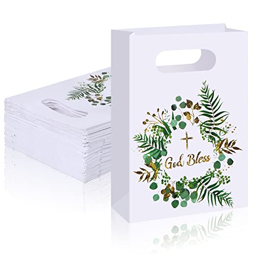 First Communion Religious Party Favor Gift Bags Cross Paper Gift Bags God Bless Treat Paper Bags for First Communions, Christenings, Baptism, Easter (60 Pack)