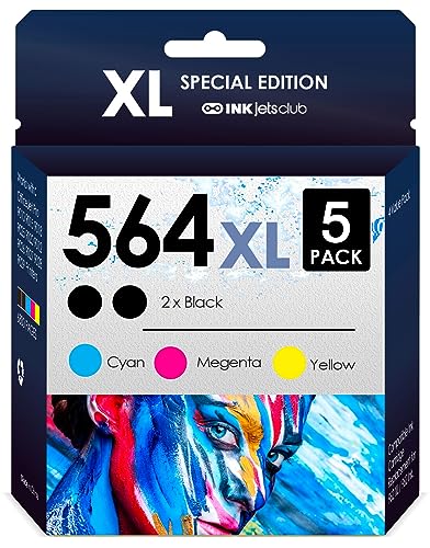 INKjetsclub High Yield Compatible Ink Cartridges for HP 564XL. Works with Officejet 4620 Deskjet 3520 Photosmart 7510 7515 7520 7525 C5324 Printers. 5 Pack (2X Black, Cyan, Magenta, Yellow)