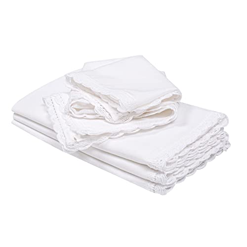 Cotton Cloth Dinner Napkins Oversized 20x20-Cotton Flax Fabric with Lace & Tailored with Mitered Corners-Ideal for Events and Regular Use-White Set of 4