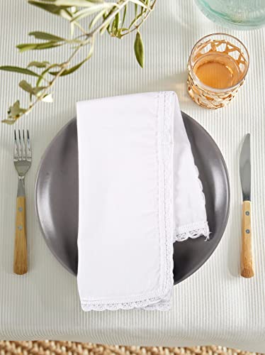 Cotton Cloth Dinner Napkins Oversized 20x20-Cotton Flax Fabric with Lace & Tailored with Mitered Corners-Ideal for Events and Regular Use-White Set of 4