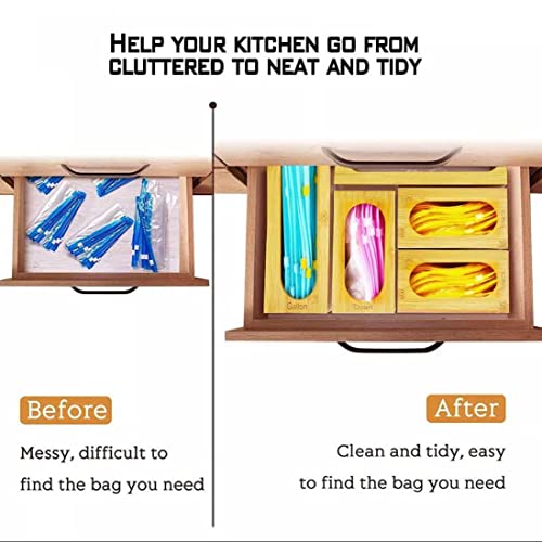 OOAZ 5-in-1 Bamboo Drawer Organizer for ziplock Bags, Separate baggie and sandwich bag organizer for drawer, Multi-Use Ziplock Drawer storage Organizer for Kitchen