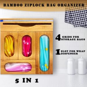 OOAZ 5-in-1 Bamboo Drawer Organizer for ziplock Bags, Separate baggie and sandwich bag organizer for drawer, Multi-Use Ziplock Drawer storage Organizer for Kitchen