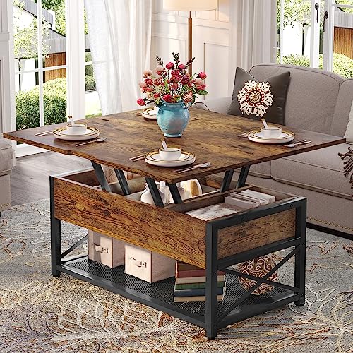 Itaar 43" Lift Top Coffee Table, 3 in 1 Multi-Function Coffee Table with Storage for Living Room, Small Coffee Table for Dining Reception Room, Rustic Brown.