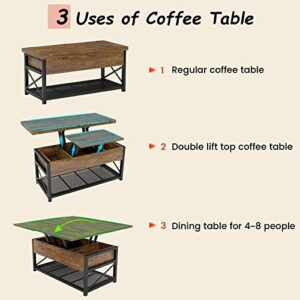 Itaar 43" Lift Top Coffee Table, 3 in 1 Multi-Function Coffee Table with Storage for Living Room, Small Coffee Table for Dining Reception Room, Rustic Brown.