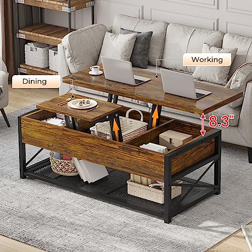 Itaar 43" Lift Top Coffee Table, 3 in 1 Multi-Function Coffee Table with Storage for Living Room, Small Coffee Table for Dining Reception Room, Rustic Brown.