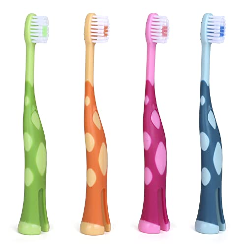 55Dental Kids Toothbrush Set of Soft Giraffe Toothbrush for Kids 3-12. Easy-Grip, Bristle Cover, Self-Standing & Splited Bottom for Cup Rim. by Lix, 4 Colors