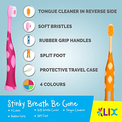 55Dental Kids Toothbrush Set of Soft Giraffe Toothbrush for Kids 3-12. Easy-Grip, Bristle Cover, Self-Standing & Splited Bottom for Cup Rim. by Lix, 4 Colors