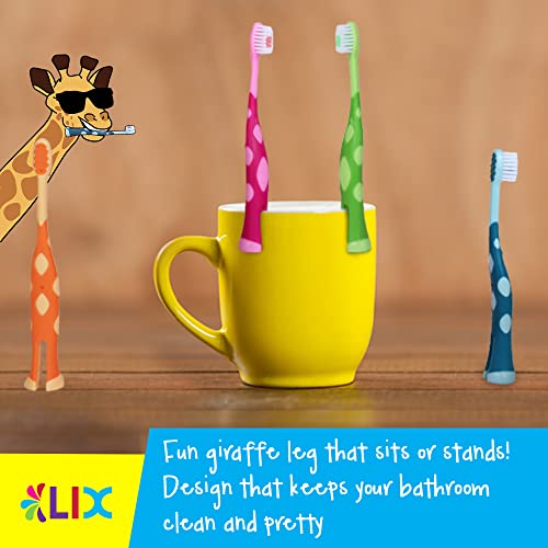 55Dental Kids Toothbrush Set of Soft Giraffe Toothbrush for Kids 3-12. Easy-Grip, Bristle Cover, Self-Standing & Splited Bottom for Cup Rim. by Lix, 4 Colors