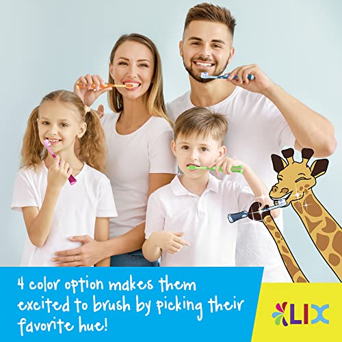 55Dental Kids Toothbrush Set of Soft Giraffe Toothbrush for Kids 3-12. Easy-Grip, Bristle Cover, Self-Standing & Splited Bottom for Cup Rim. by Lix, 4 Colors