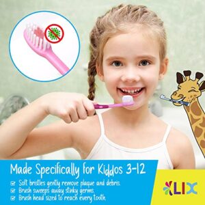 55Dental Kids Toothbrush Set of Soft Giraffe Toothbrush for Kids 3-12. Easy-Grip, Bristle Cover, Self-Standing & Splited Bottom for Cup Rim. by Lix, 4 Colors