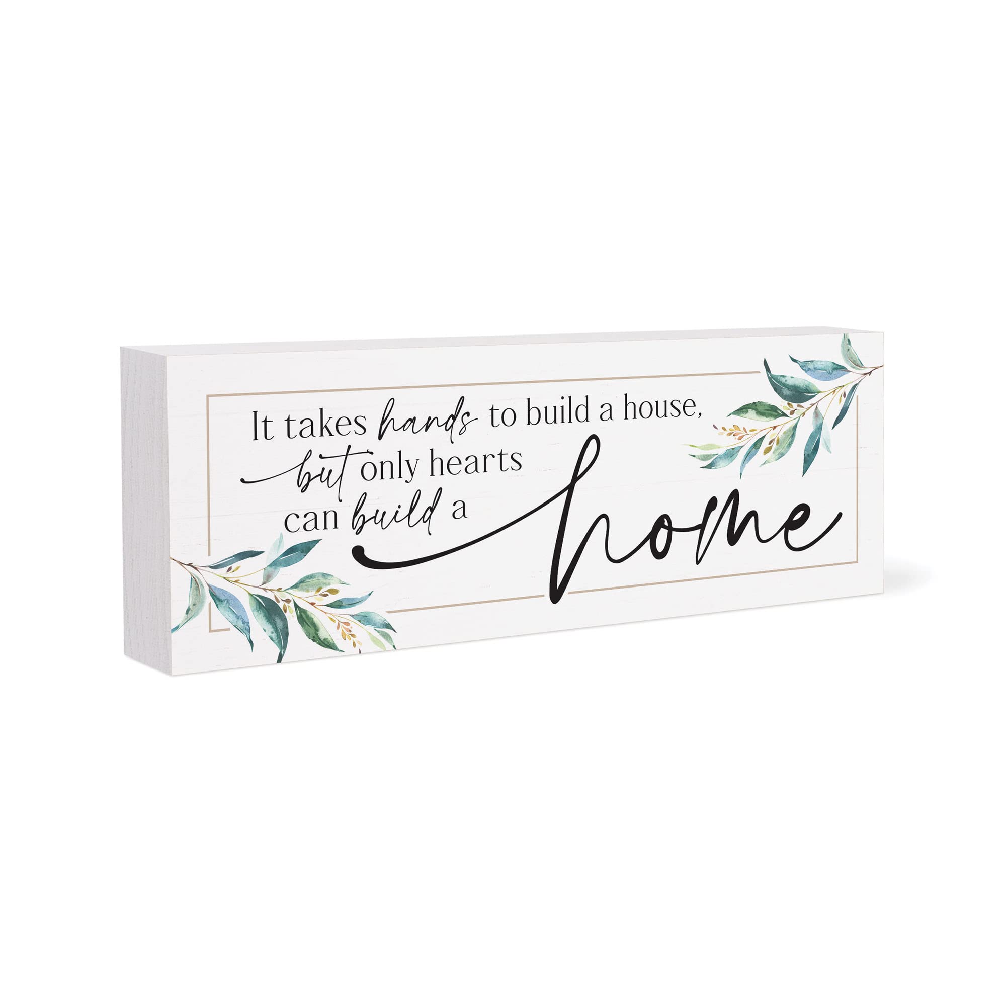 Hearts Build Home Classic White 10 x 3.5 Pine Wood Tabletop Block Sign